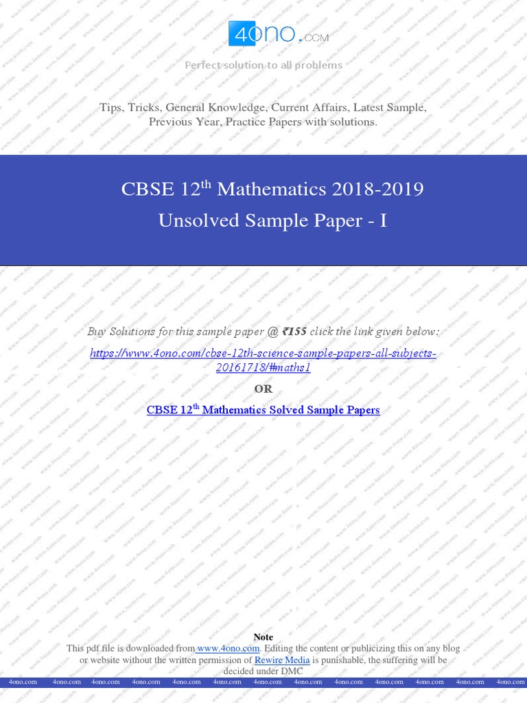 CBSE Class 12th Mathematics 2018-2019 Unsolved Sample Paper - I PDF | PDF | Probability ...