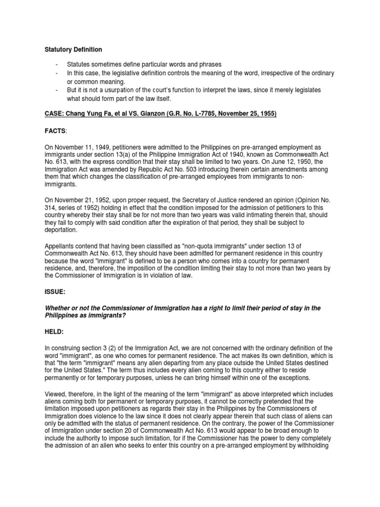 STATCON Statutory Definition | PDF | Alien (Law) | Immigration