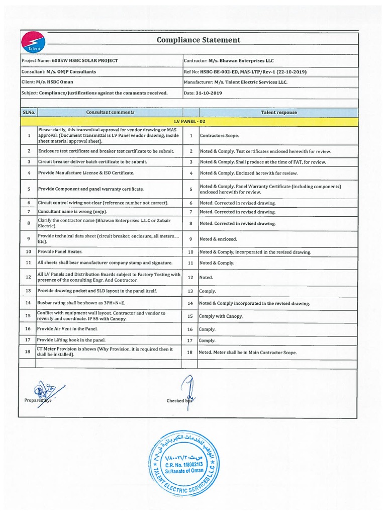 Compliance Statement Stamped | PDF