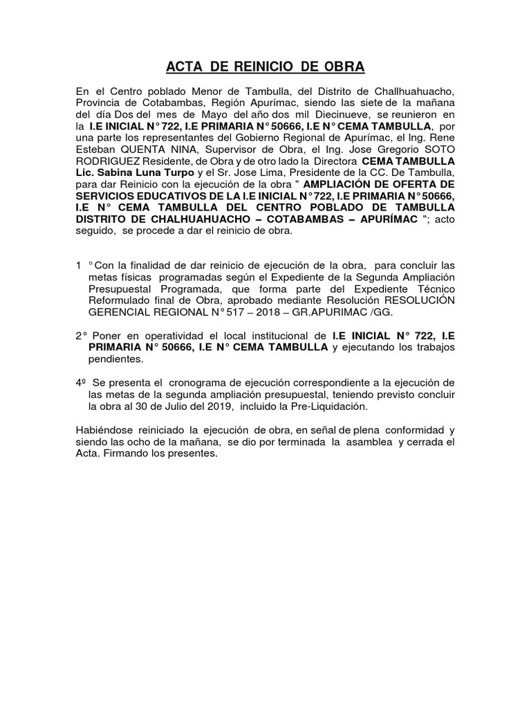 Acta de Reinicio de Obra | PDF