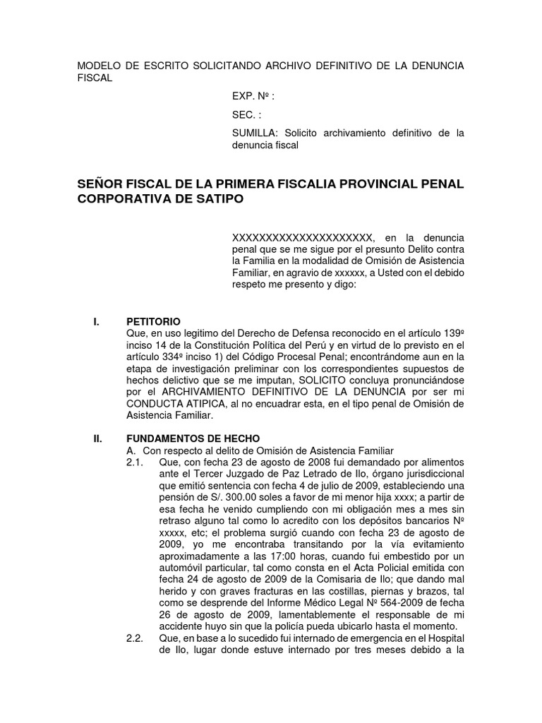 Modelo de Escrito Solicitando Archivo Definitivo de La Denuncia Fiscal | Policía | Moralidad
