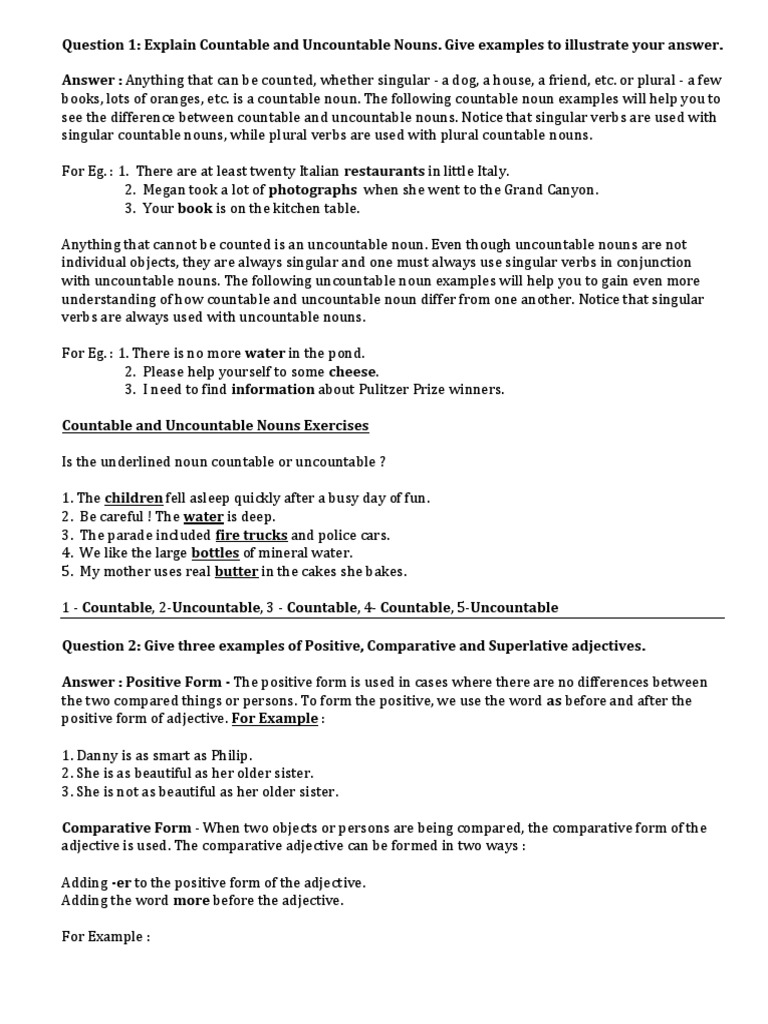 Explain Countable and Uncountable Nouns. Give Examples To Illustrate ...