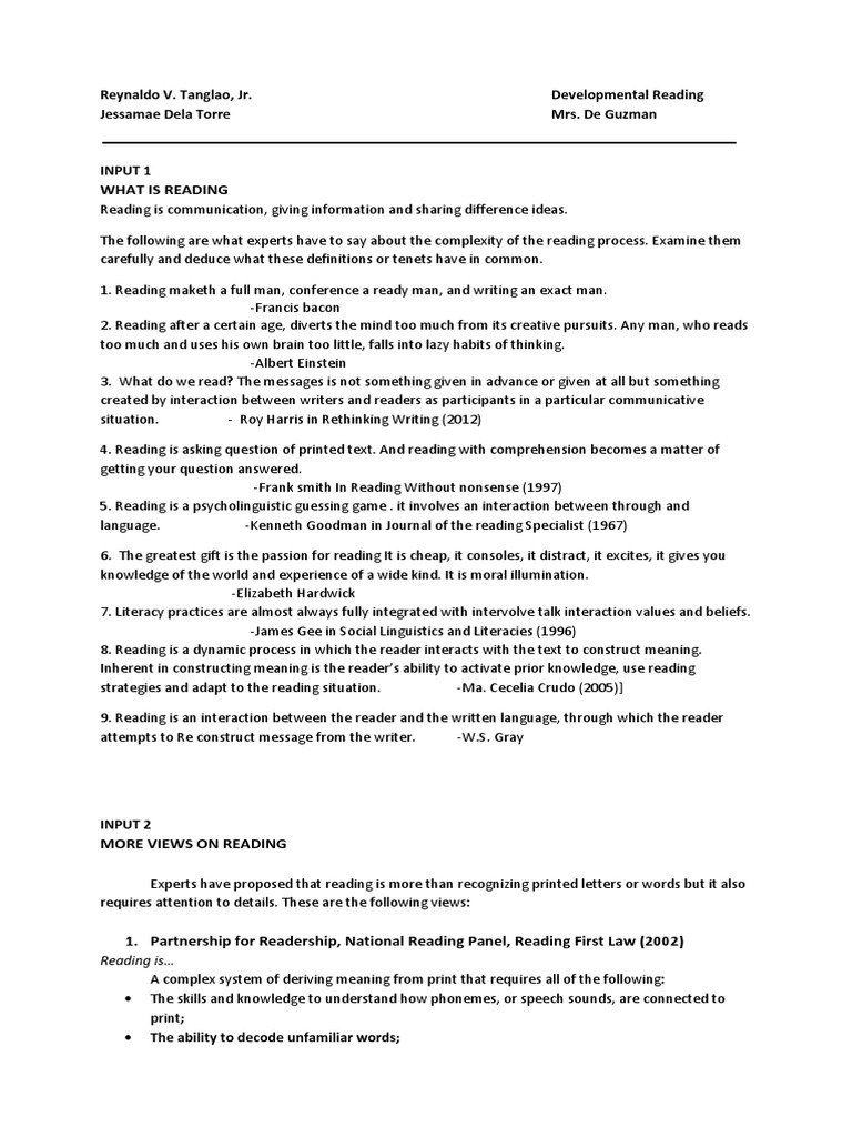 Input 2 and 3 Task 4 | PDF | Fluency | Reading Comprehension