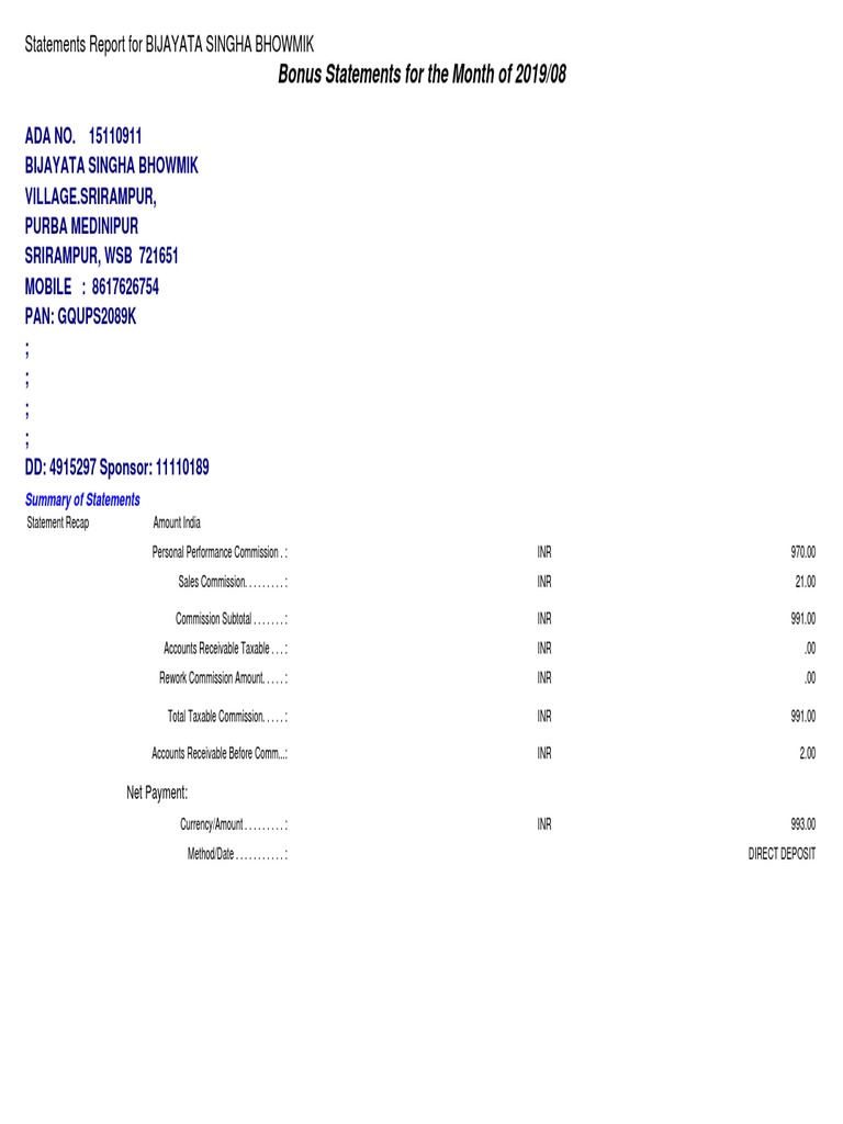 Bonus Statements For The Month of 2019/08 | PDF