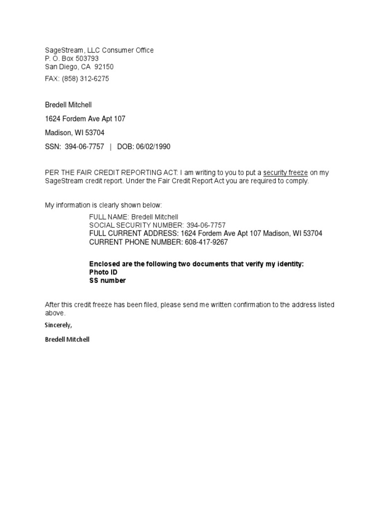 SageStream FREEZE Letter | PDF