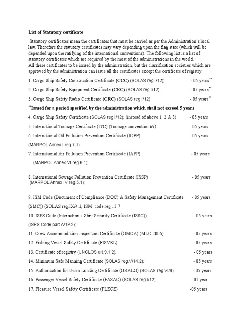 List of Statutory Certificate PDF | PDF | Ships | Transport