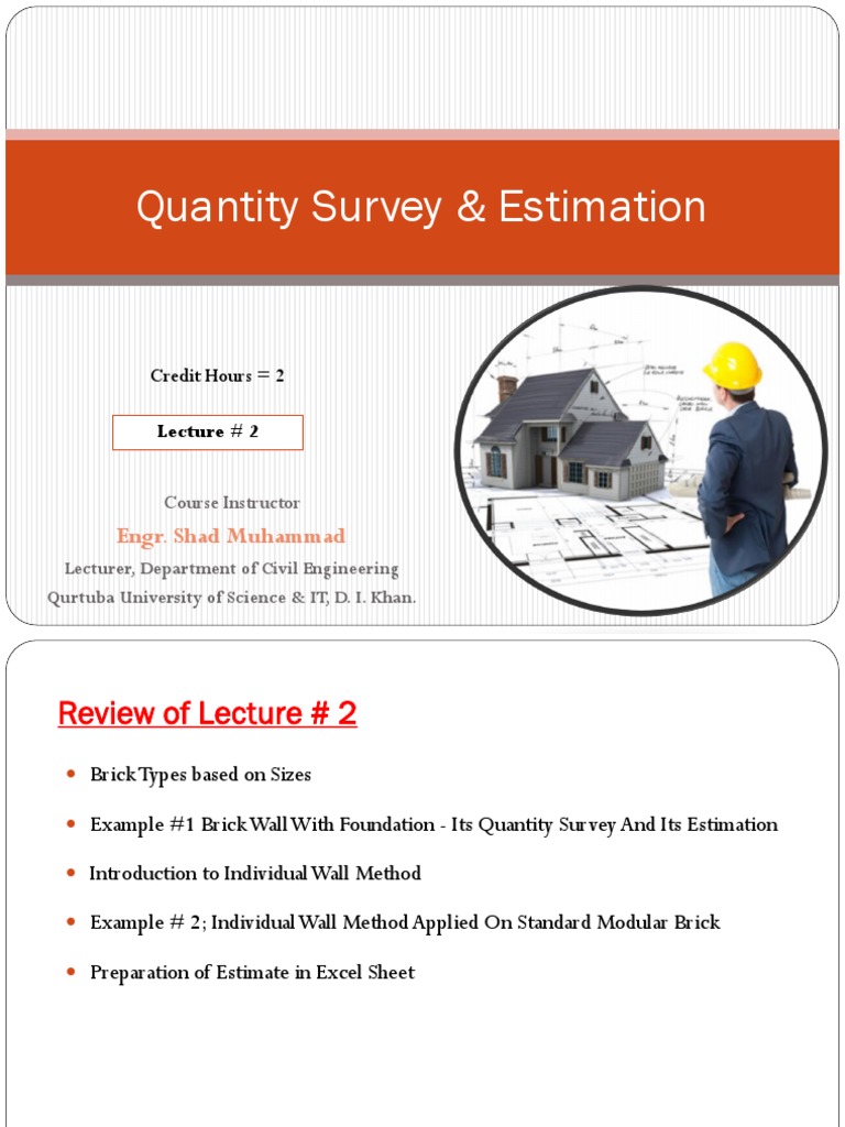 Quantity Survey - Estimation (Lecture 3) PDF | PDF | Brick | Wall