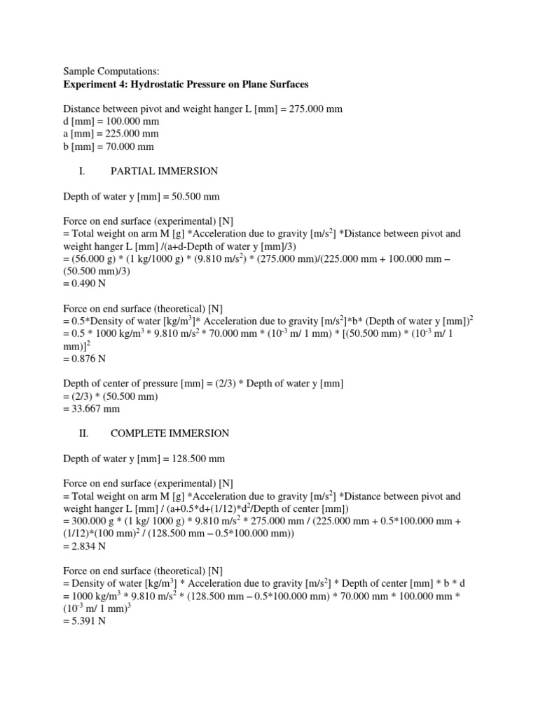 Sample Computations Exp 4 5 Pdf Density Buoyancy