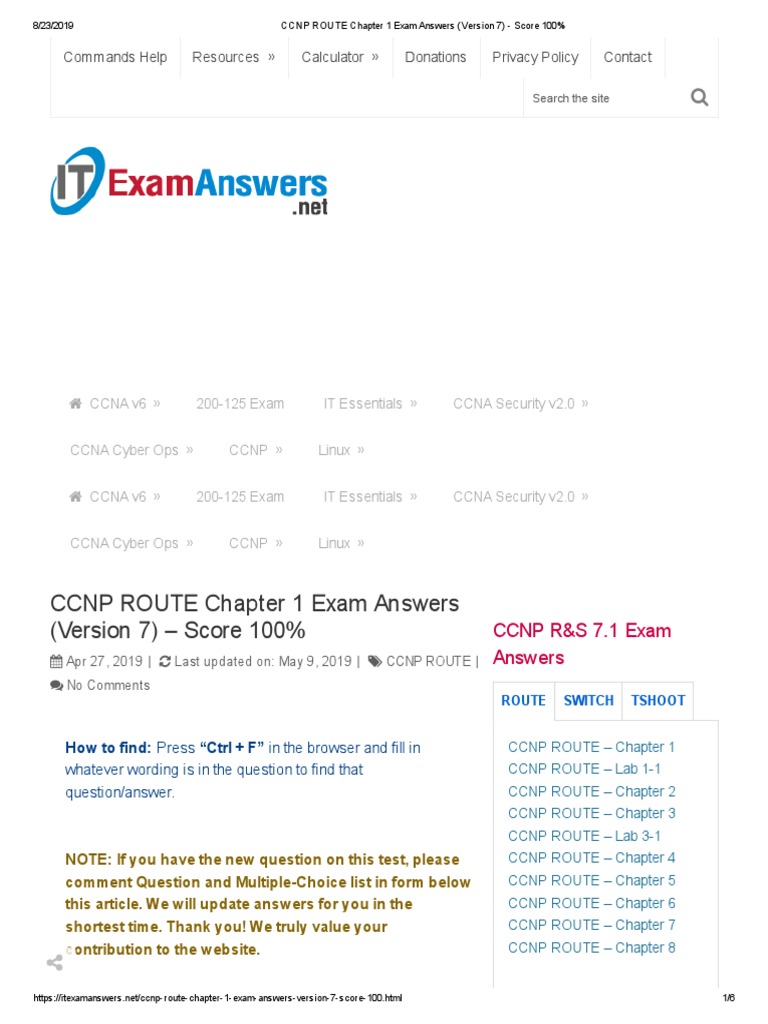 CCNP ROUTE Chapter 1 Exam Answers Version 7 Score 100 | PDF | Virtual ...
