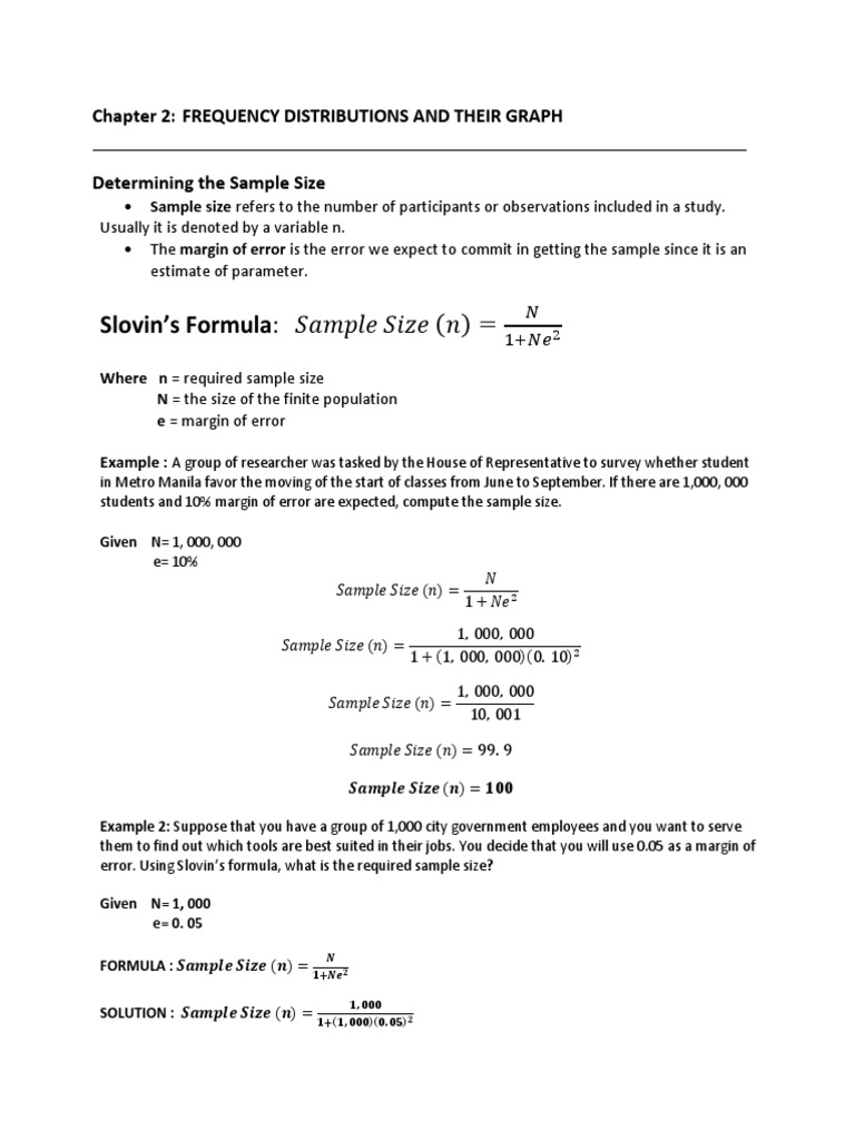 Slovin's Formula: ( ) : Chapter 2: Frequency Distributions and Their ...