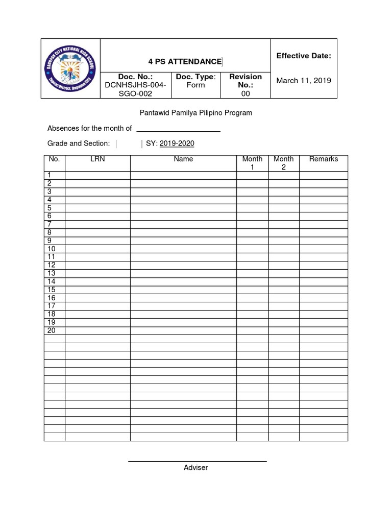 Dep Ed 4 PS Attendance Sheet | PDF