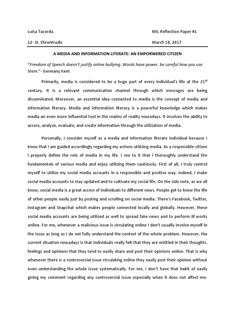 MIL Reflection Paper | Information Literacy | Mass Media