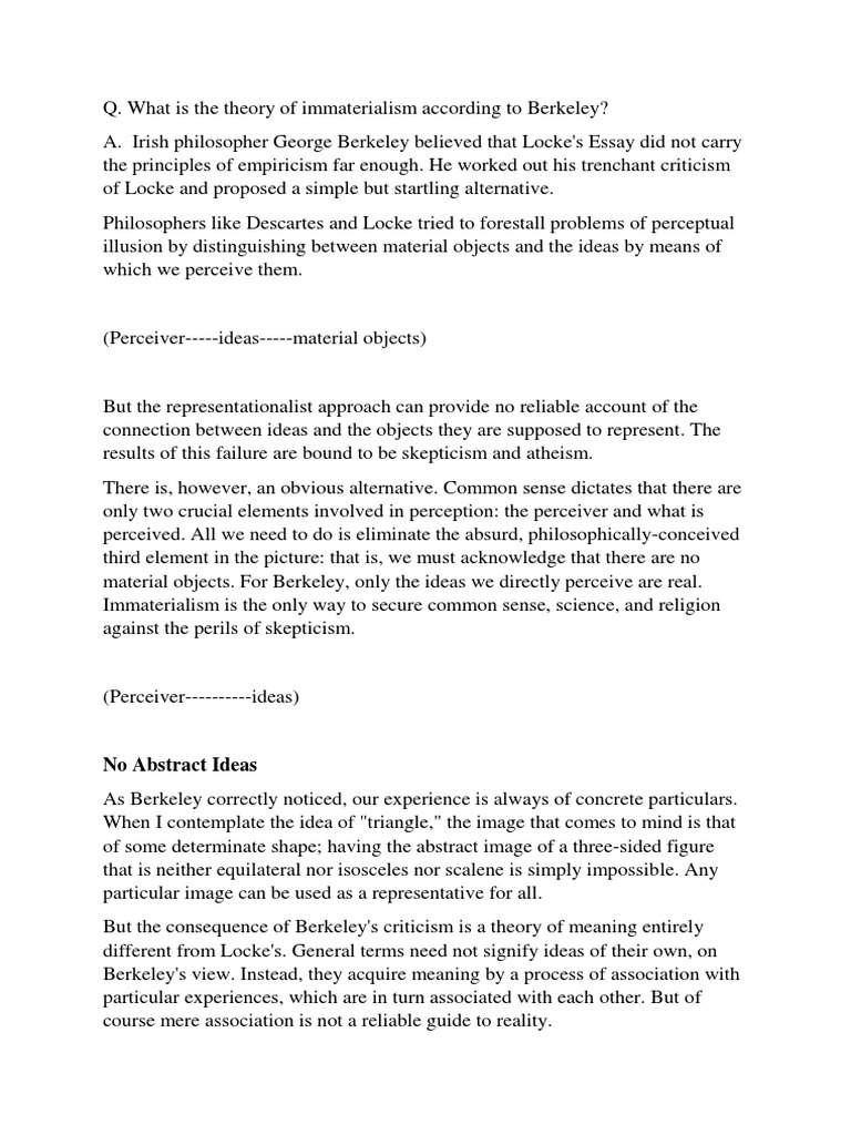 Berkeley's Immaterialism Explained | PDF | Idea | Substance Theory