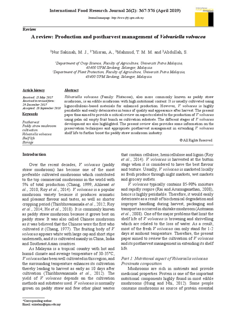 A Review: Production and Postharvest Management of Volvariella Volvacea ...