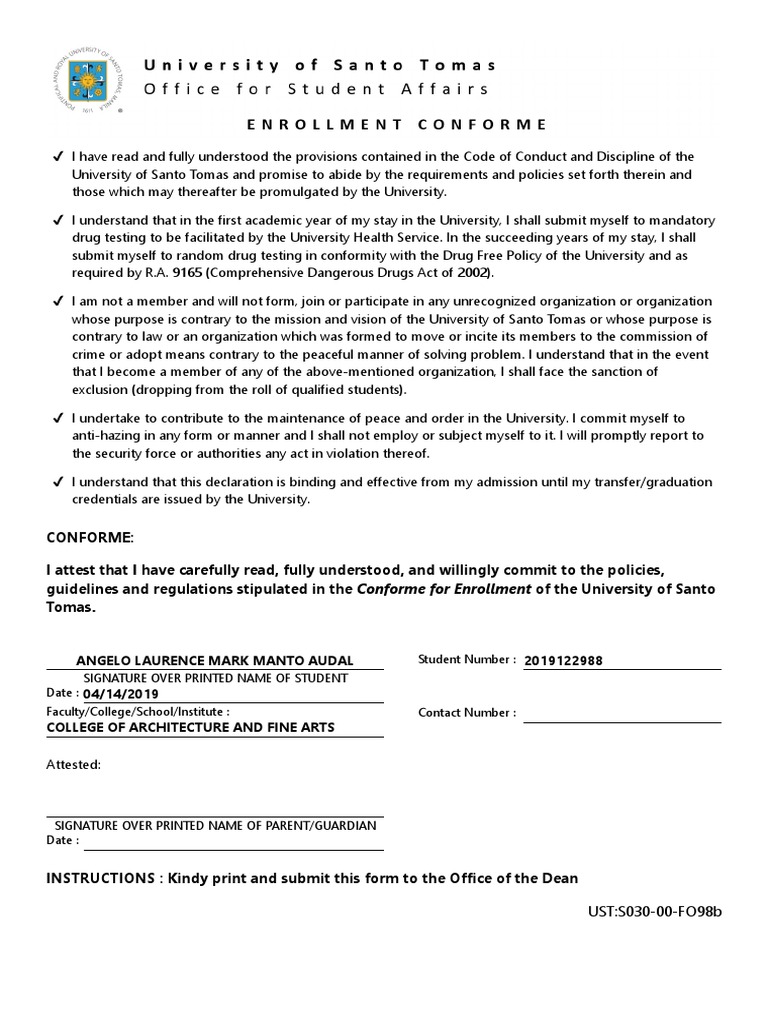 UST aCKnowledgement Form | PDF | Business