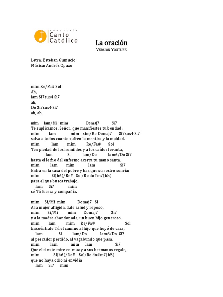 La Oración - Letra y Acordes Versión YouTube | PDF