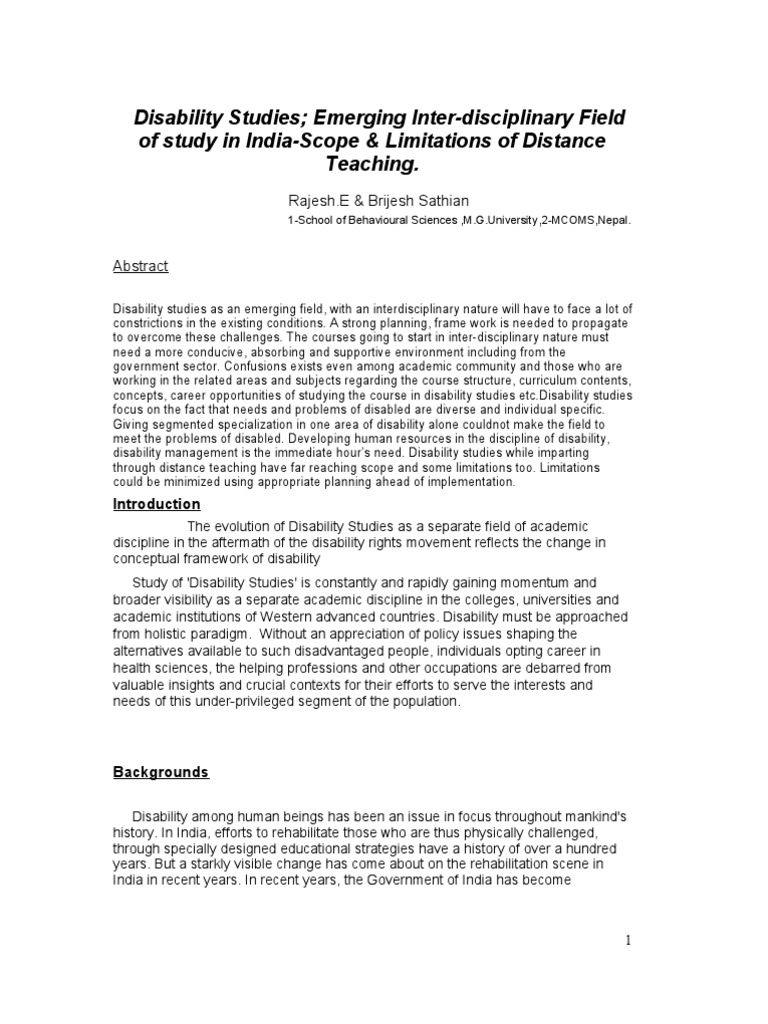 Disability Studies Emerging Inter-Disciplinary Field of Study in India ...