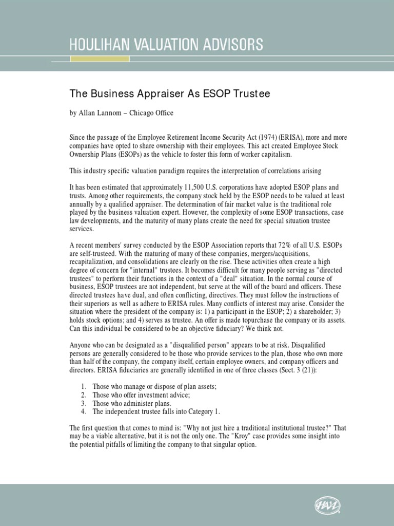 The Business Appraiser As ESOP Trustee: by Allan Lannom - Chicago ...