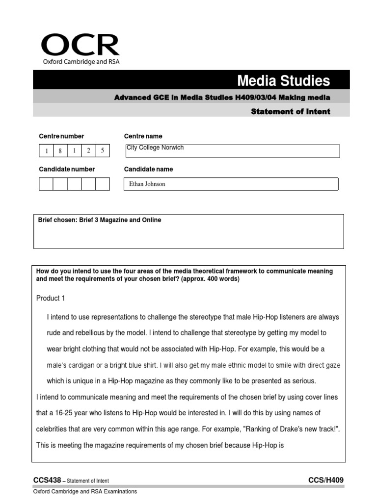 Media Studies: Statement of Intent | PDF | Magazines | Mass Media