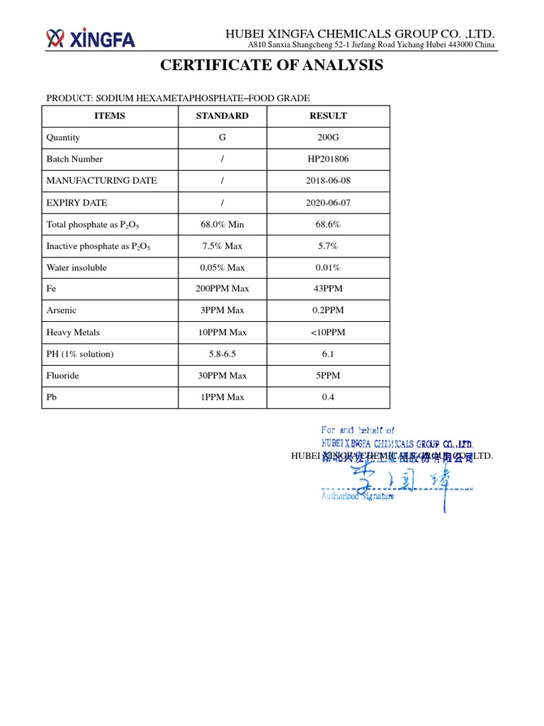 Certificate of Analysis: Hubei Xingfa Chemicals Group Co., LTD | PDF