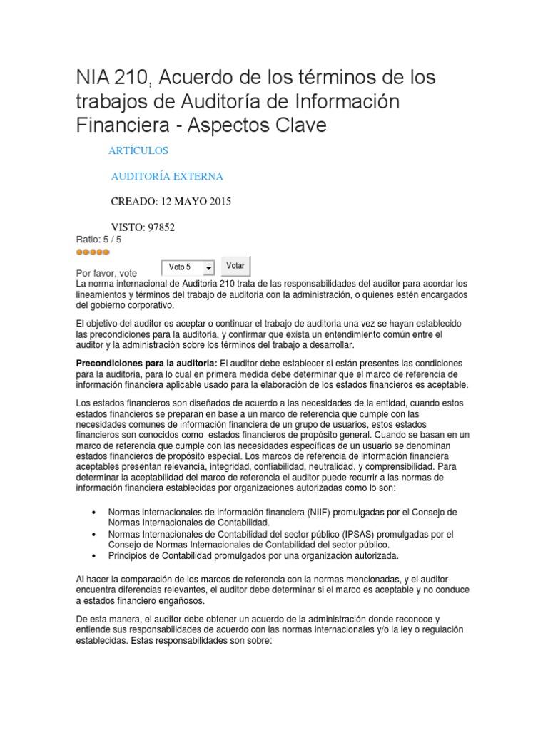 Nia 210 | PDF | Auditoría | Contralor