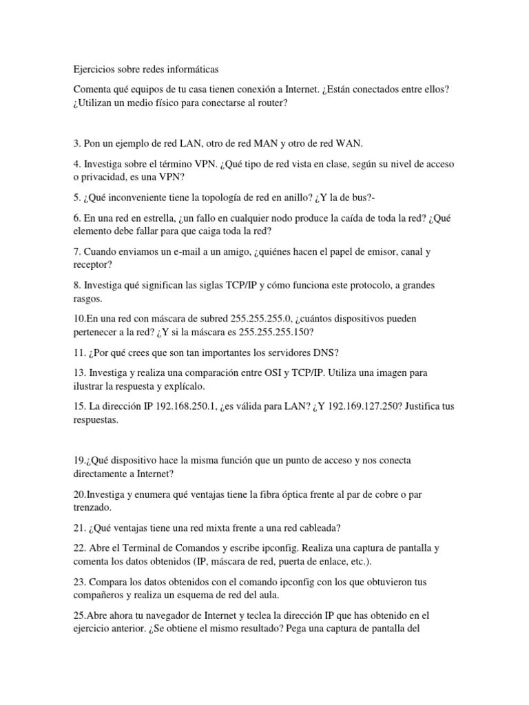 Ejercicios Sobre Redes Informaticas | PDF | Dirección IP | Red de computadoras