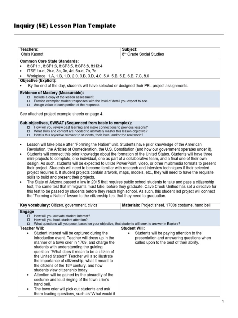 Inquiry (5E) Lesson Plan Template | PDF | Question | Teachers
