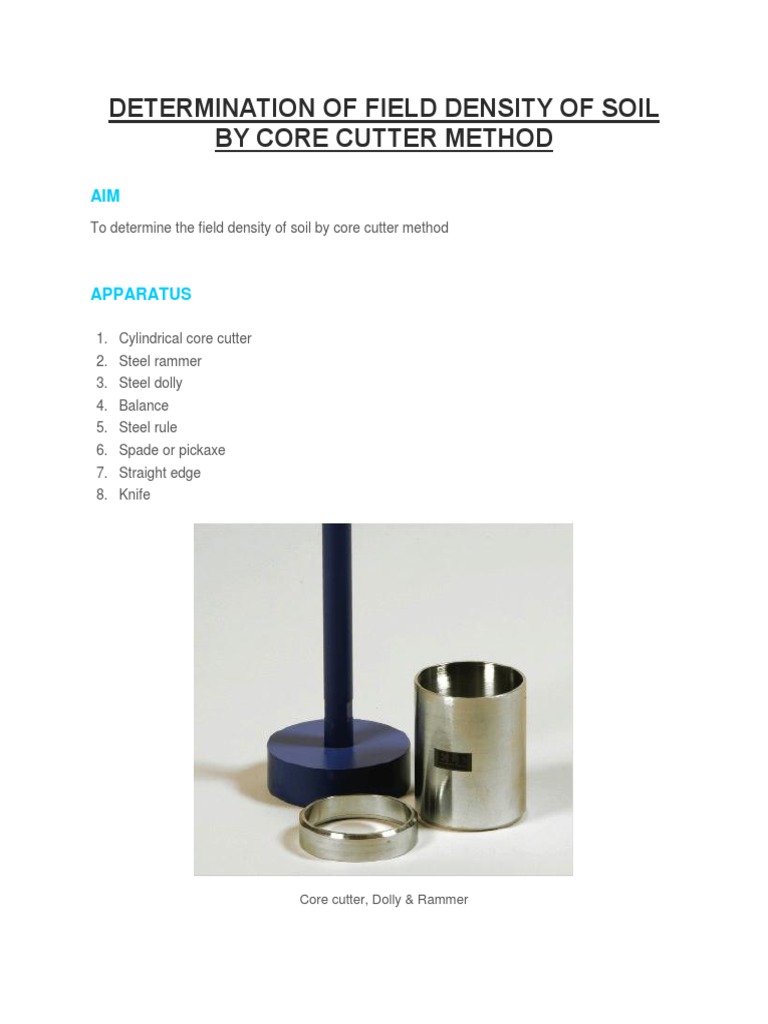 Determination of Field Density of Soil by Core Cutter Method | PDF