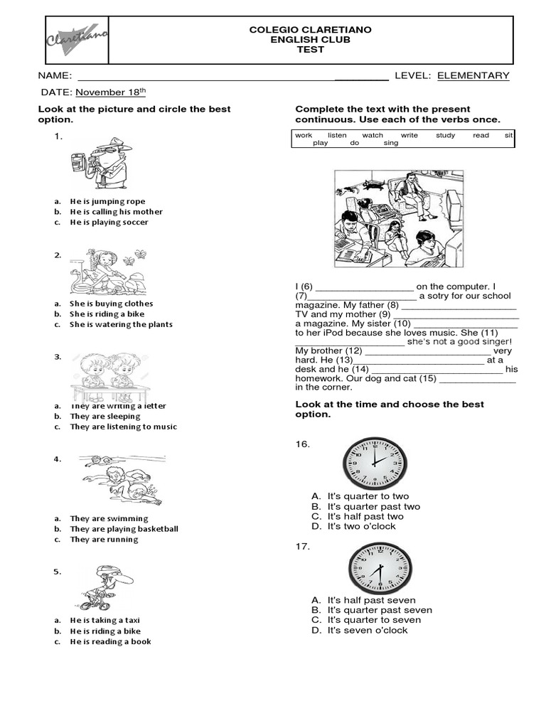 Colegio Claretiano English Club Test | PDF | Syntax | Grammar
