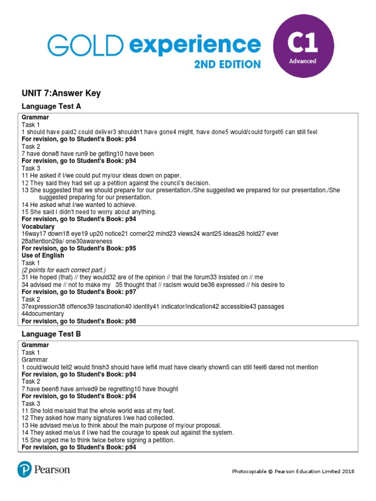 Answer Key - Language - Unit 7 | PDF | Communication | Cognition