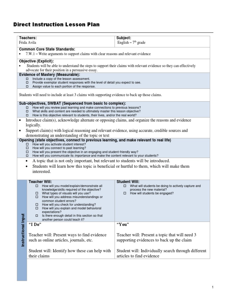 Direct Instruction Lesson Plan Homework | PDF | Lesson Plan | Teachers