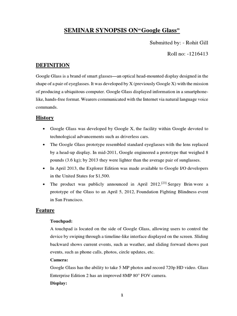 SEMINAR SYNOPSIS ON"Google Glass": Submitted By: - Rohit Gill Roll No: - 1216413 | PDF | Human ...