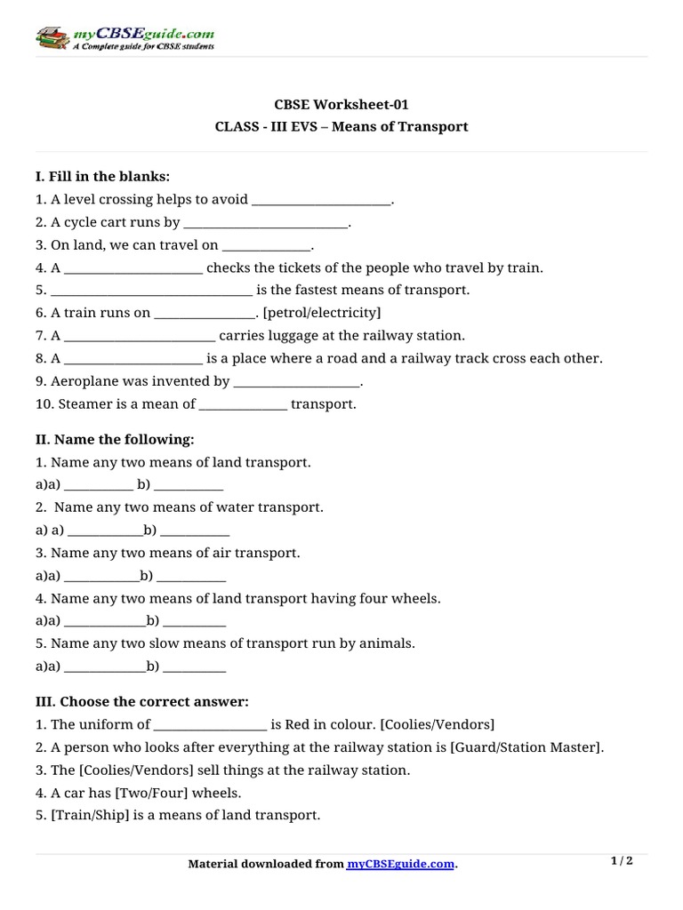 CBSE Worksheet-01 CLASS - III EVS - Means of Transport: Material ...