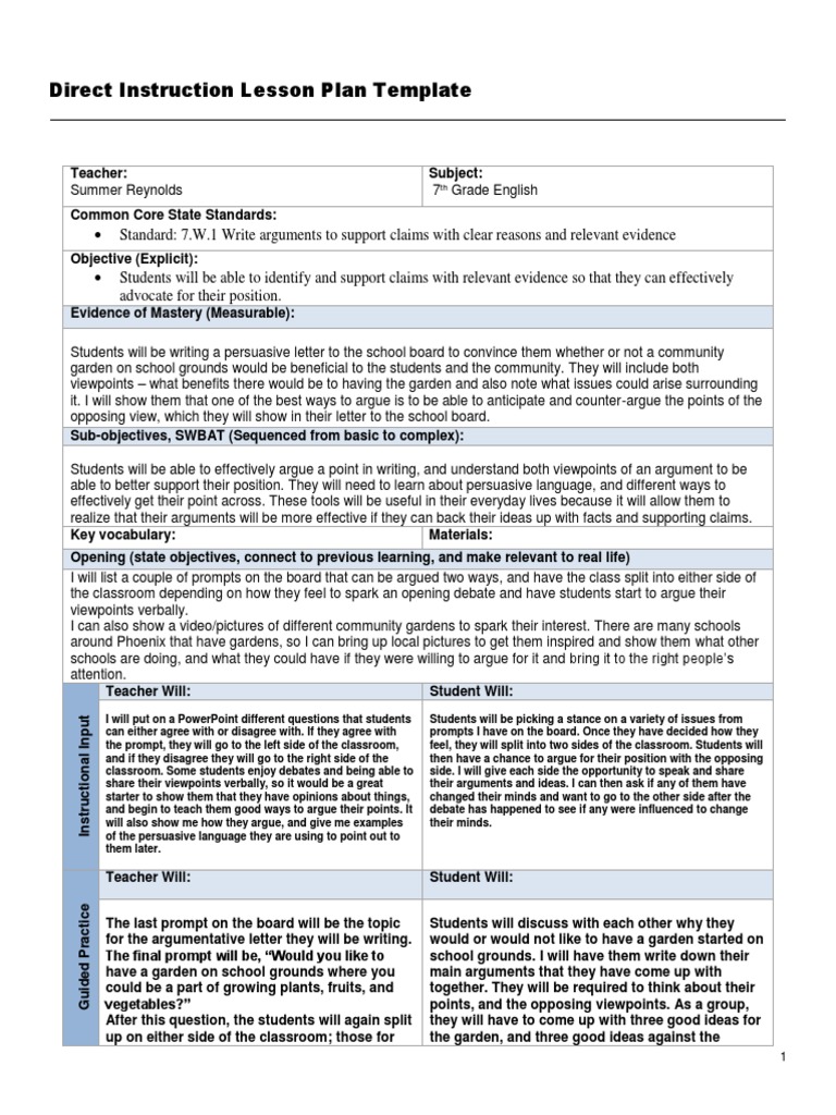 Direct Instruction Lesson Plan Template | PDF | Lesson Plan | Essays