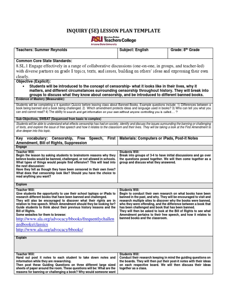 Inquiry (5E) Lesson Plan Template: Gedbooks/classics | PDF | Censorship ...