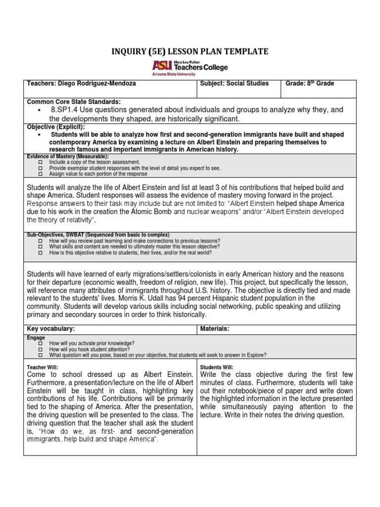 Inquiry (5E) Lesson Plan Template | PDF | Teachers | Lesson Plan