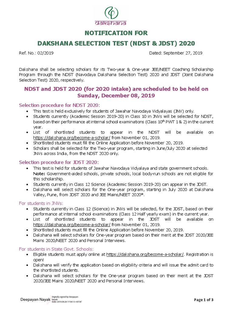 Dakshana Selection Test 2020 Notification NVS | PDF | Electromagnetic ...