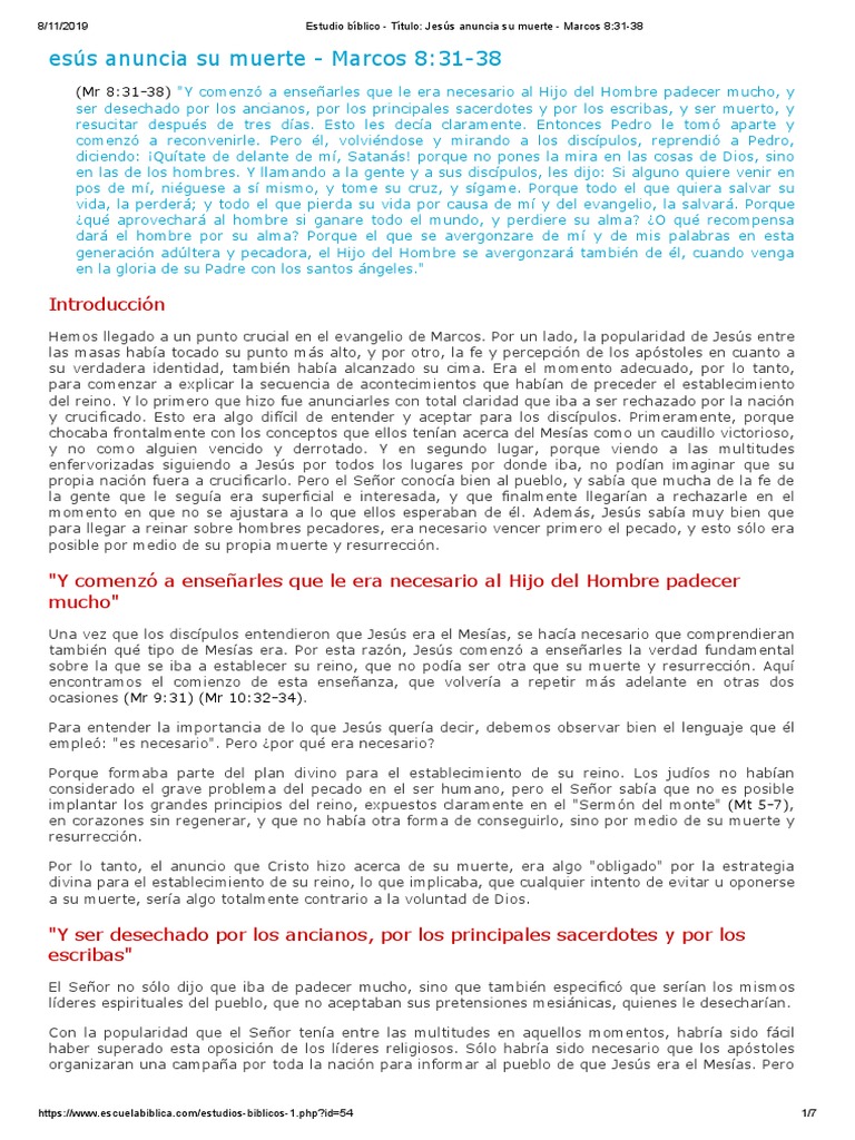 Estudio Bíblico Título - Jesús Anuncia Su Muerte Marcos 8 - 31 38 PDF ...