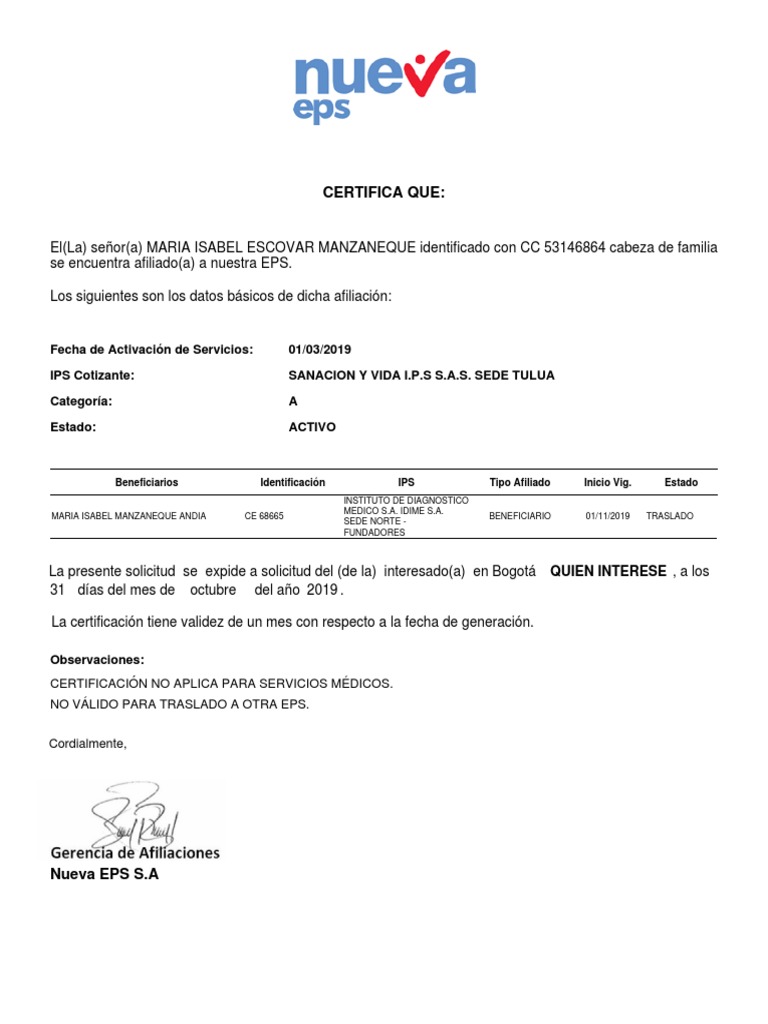 Certificado Nueva Eps PDF | PDF