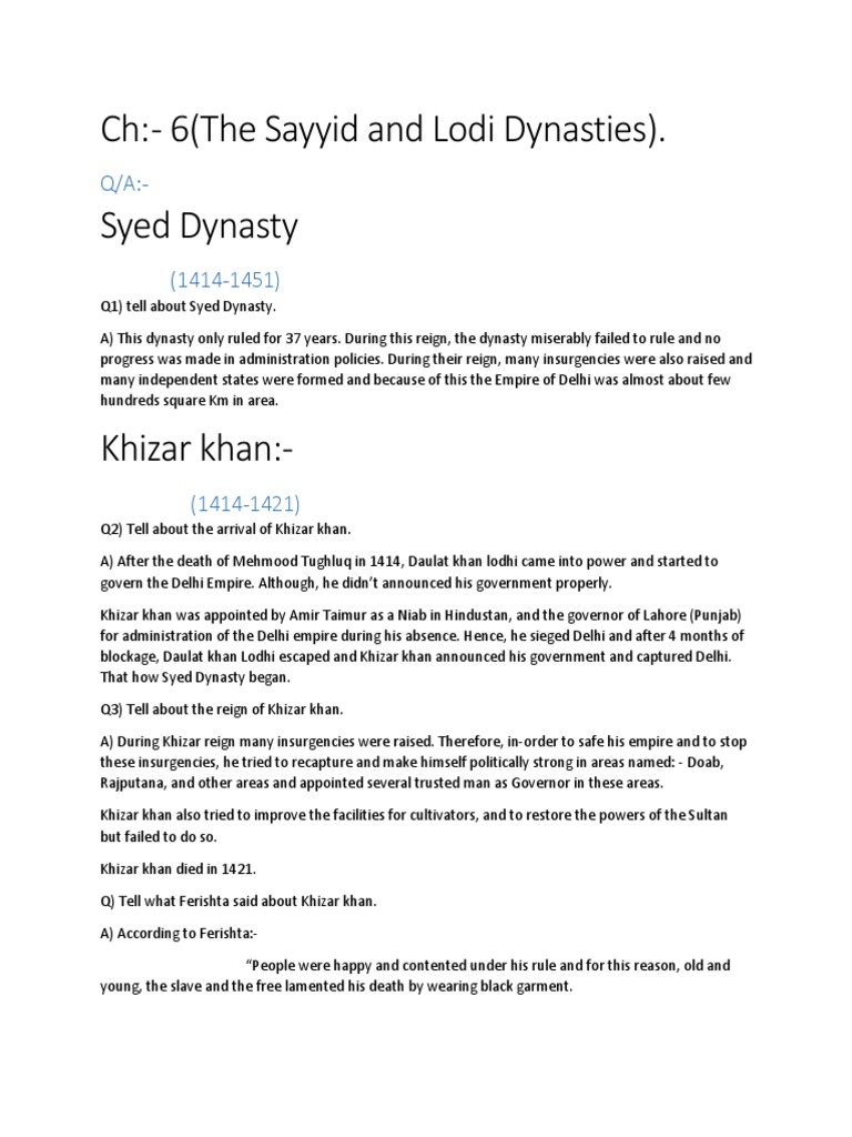 CH: - 6 (The Sayyid and Lodi Dynasties) - Syed Dynasty | PDF