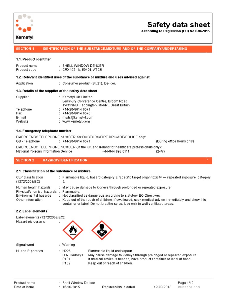 Shell Window De-Icer MSDS | PDF | Toxicity | Safety