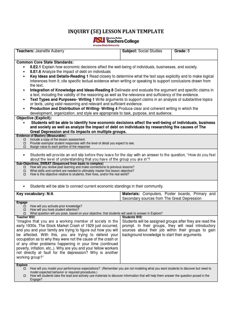 Inquiry 5e Lesson Plan Template-Jeanette Auberry | PDF | Teachers | Inquiry
