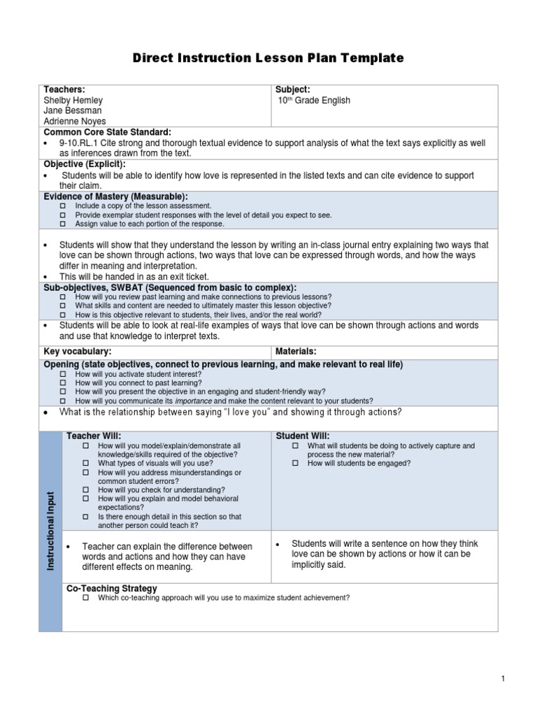 Direct Instruction Lesson Plan Template | PDF | Lesson Plan | Teachers