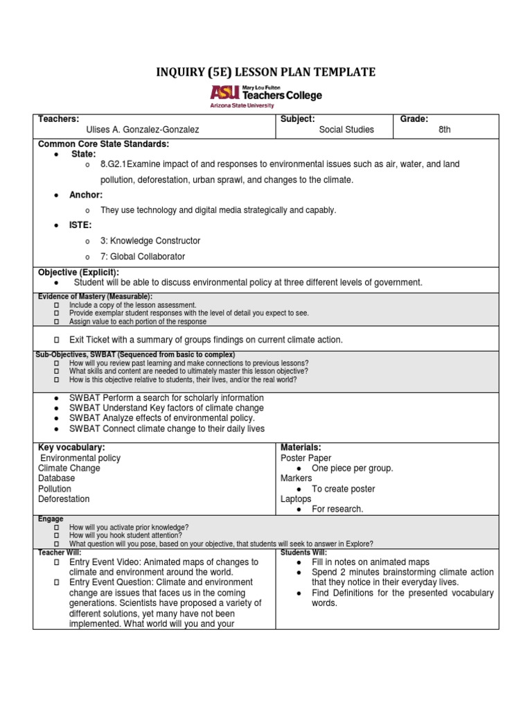 Inquiry (5E) Lesson Plan Template | PDF | Environmental Policy | Teachers