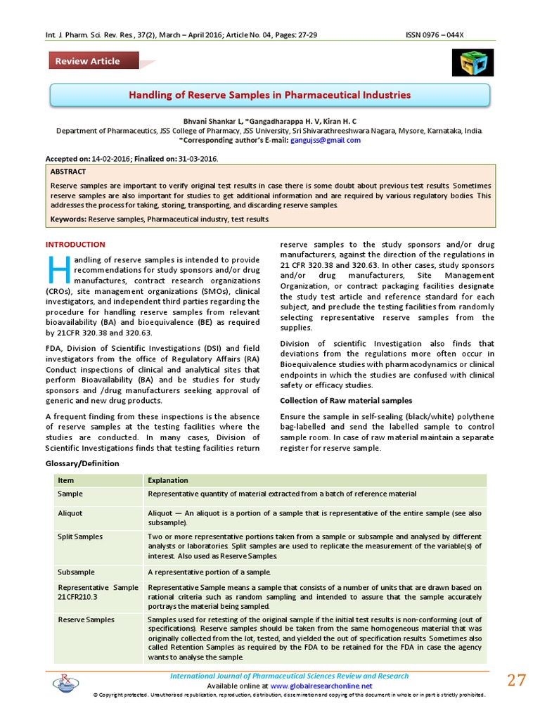 Handling of Reserve Samples in Pharmaceutical Industries: Review ...