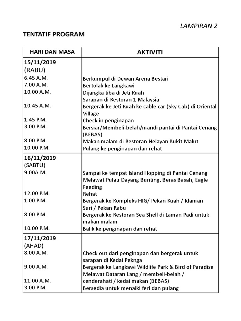 Tentatif Program Bercuti Ke Pulau Langkawi | PDF