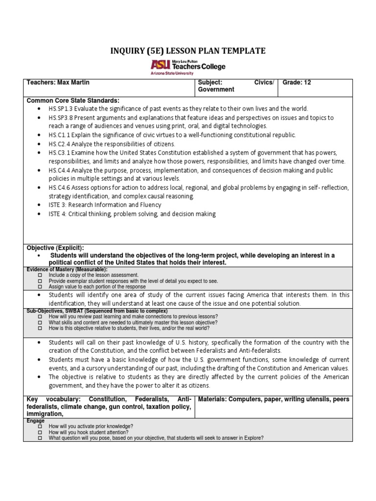 Inquiry (5E) Lesson Plan Template: Evidence of Mastery (Measurable ...