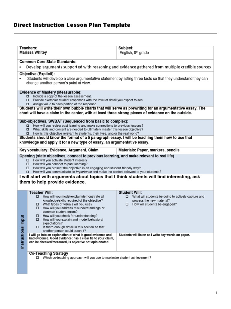 Direct Instruction Lesson Plan Template | PDF | Essays | Educational ...