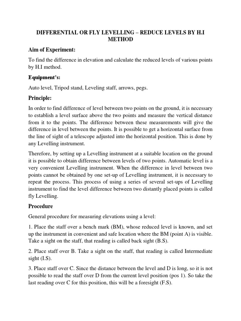 Differential or Fly Levelling - Reduce Levels by H.I Method Aim of ...