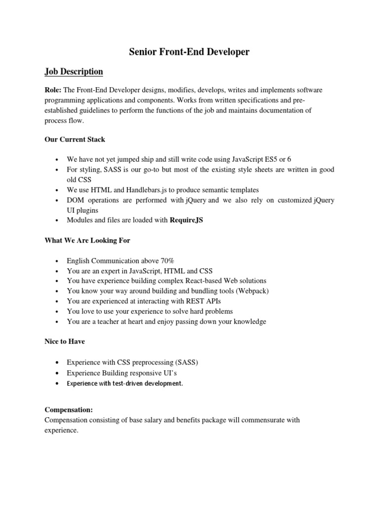 Senior Front-End Developer: Job Description | PDF